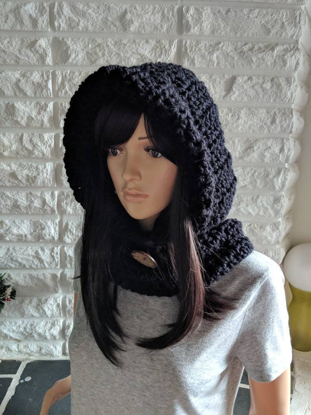 Black Hooded Cowl Scoodie: Chunky Knit Women's Winter Scarf - Etsy
