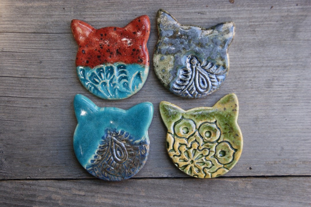 Ceramic Cat Head Magnet, Green Cat, Blue Cat, Turquoise Cat, Red Cat ...