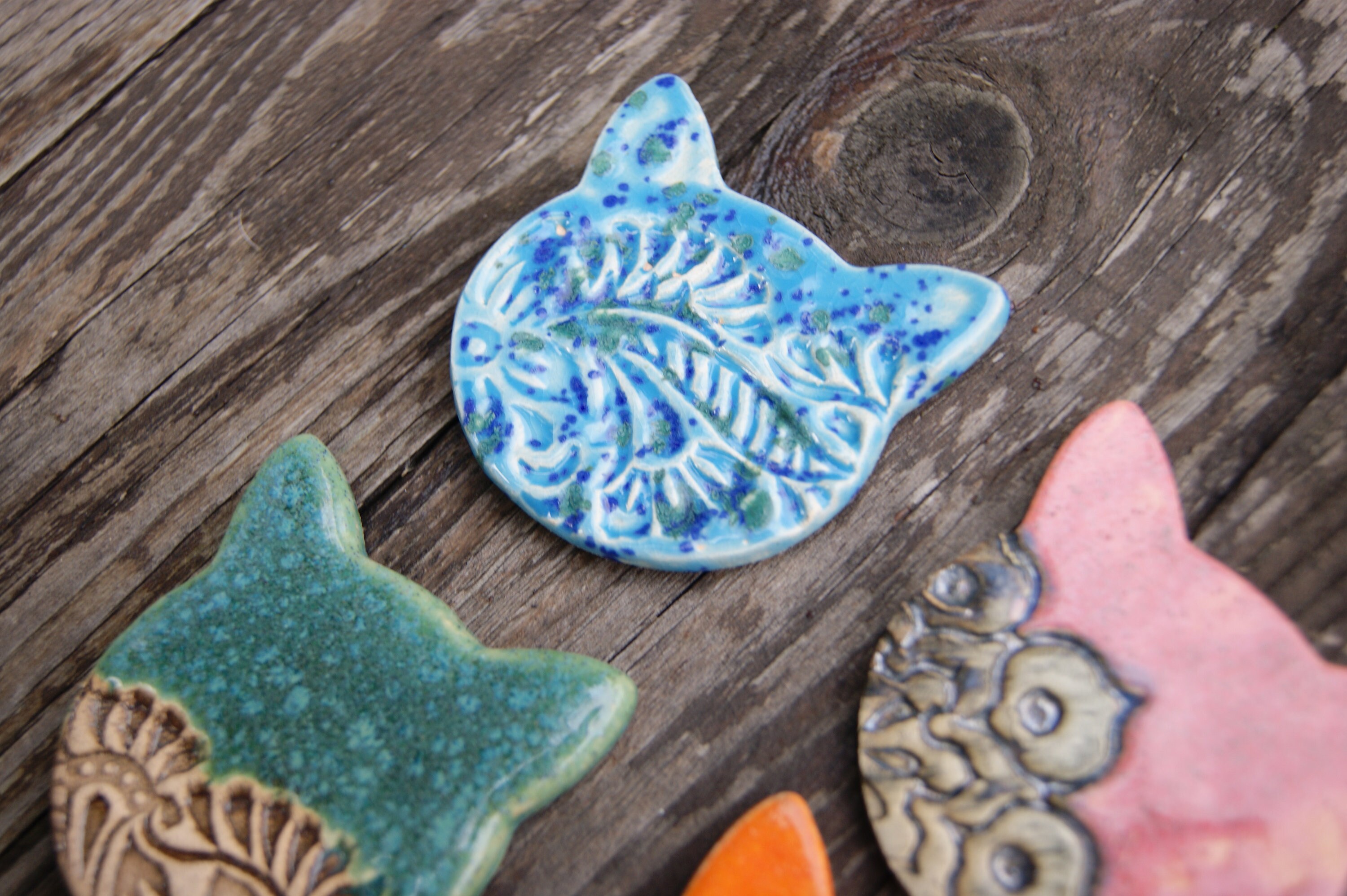 Ceramic Cat Head Magnet, Green Cat, Blue Cat, Orange Cat, Blue Feline ...
