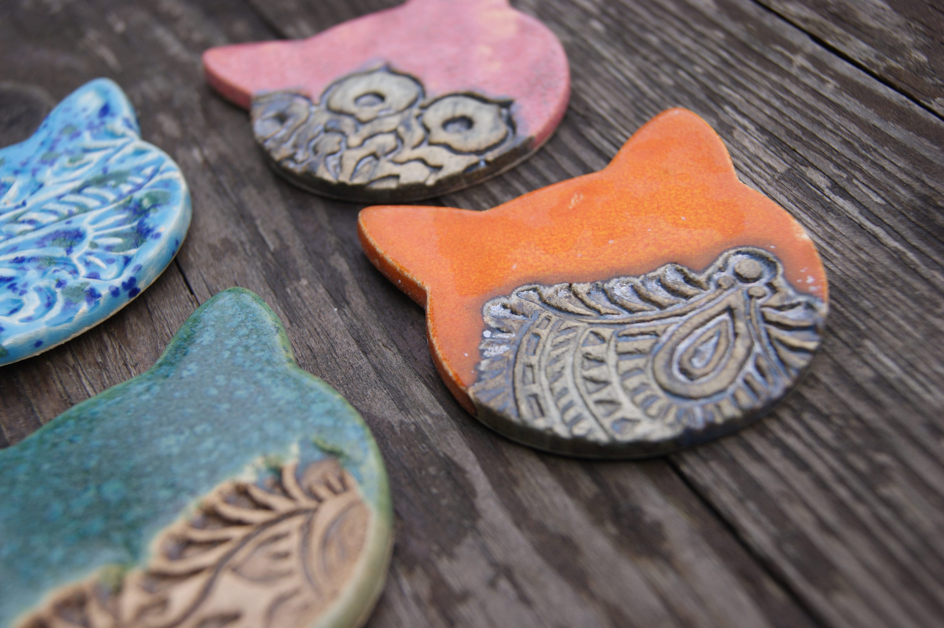 Ceramic Cat Head Magnet, Green Cat, Blue Cat, Orange Cat, Blue Feline ...