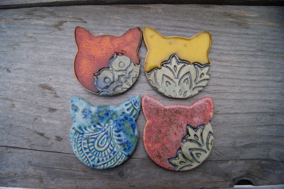 Ceramic Cat Head Magnet, Red Cat, Blue Cat, Orange Cat, Blue Feline ...