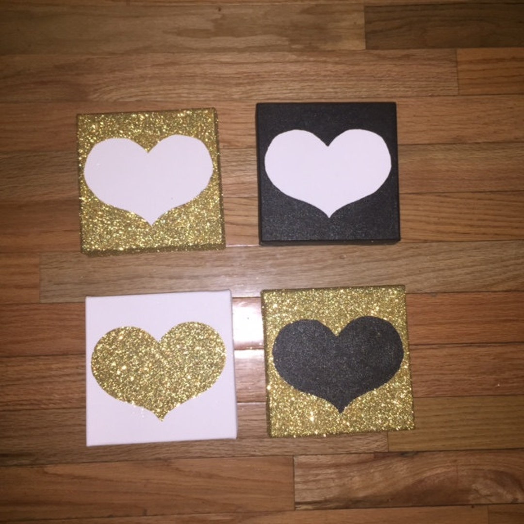 6x6- 4 Piece Canvas Set Custom Hand Painted/glittered Heart Wall Art - Etsy
