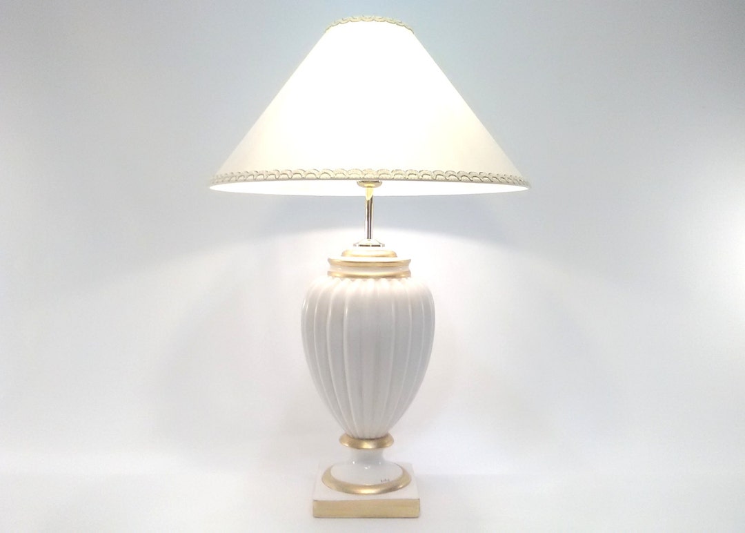 Ceramic Table Lamp ROMA With Lampshade in Ivory Pongè Fabric Handmade ...