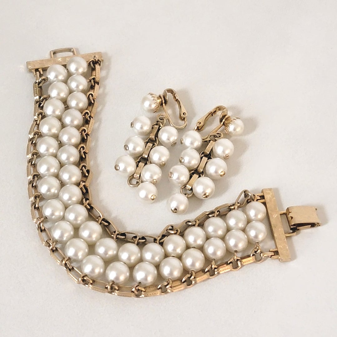 Vintage Sarah Coventry Set, Bracelet and Clip Earrings, Faux Pearl ...