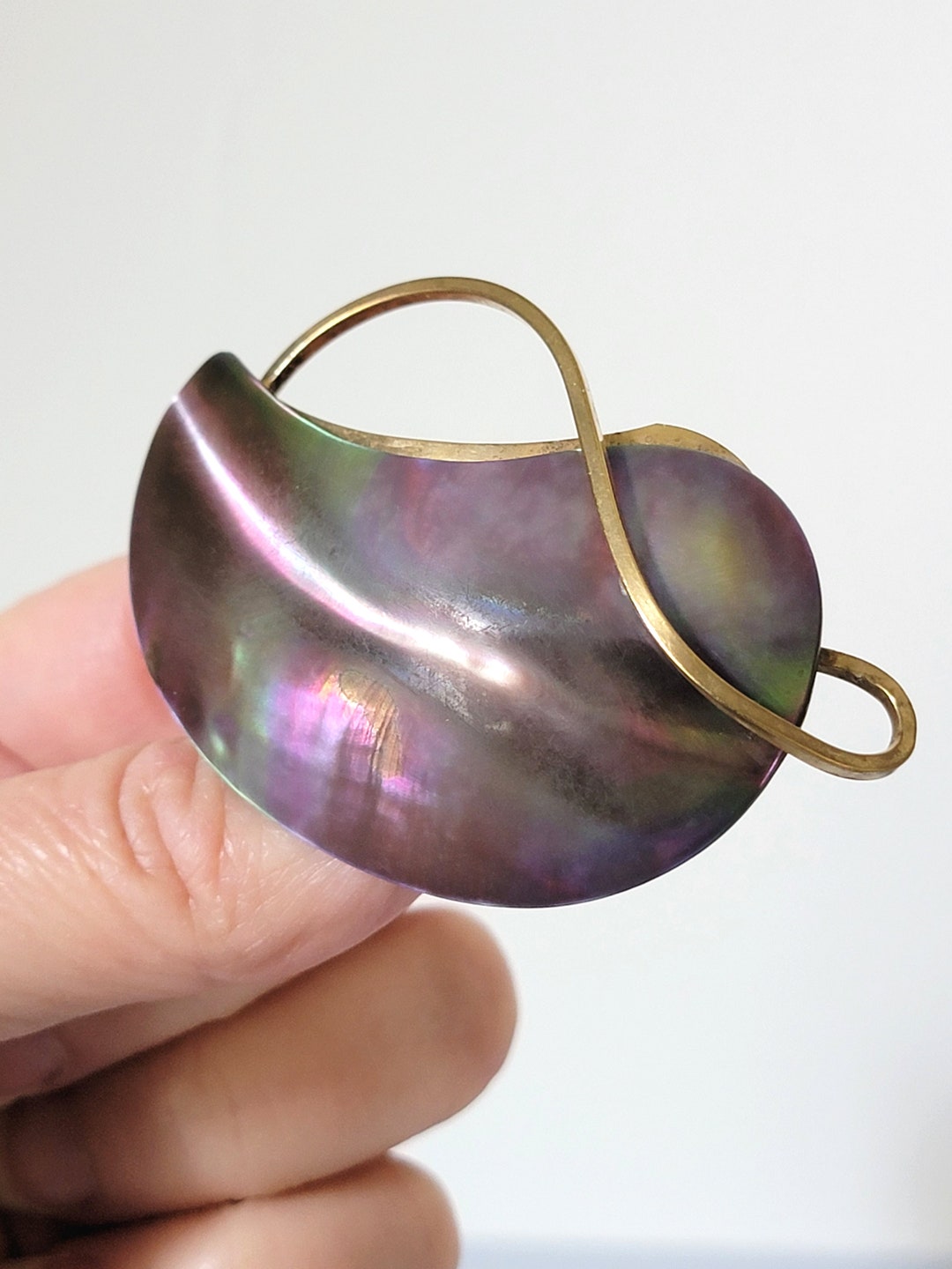 Unique Vintage Shell Brooch, Retro Modernist Style Pin, Curvy Brass ...