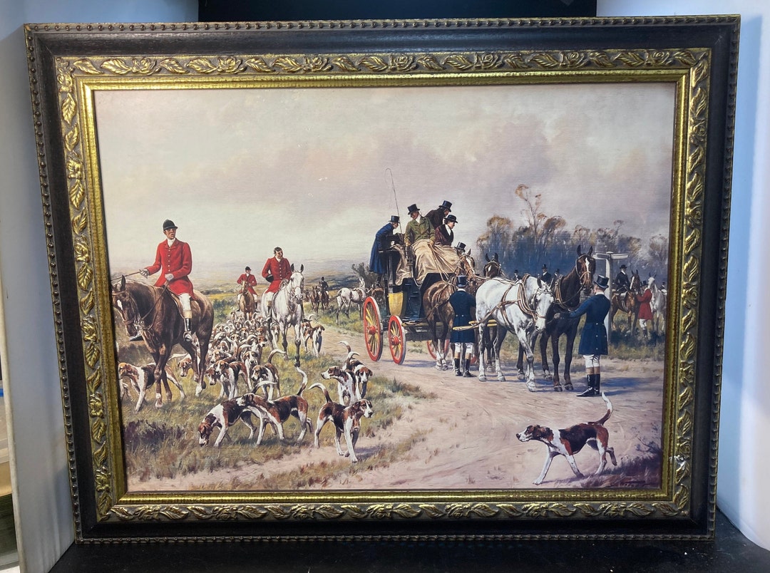 Hunters Scene Picture, Framed Print in Yellow Gold Colour Wooden ...