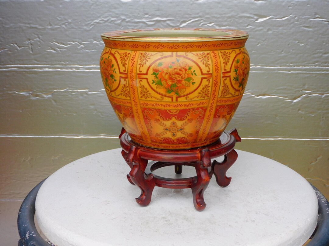 Large Vintage Chinese Fish Bowl Planter With Goldfish Decoration, Circa ...