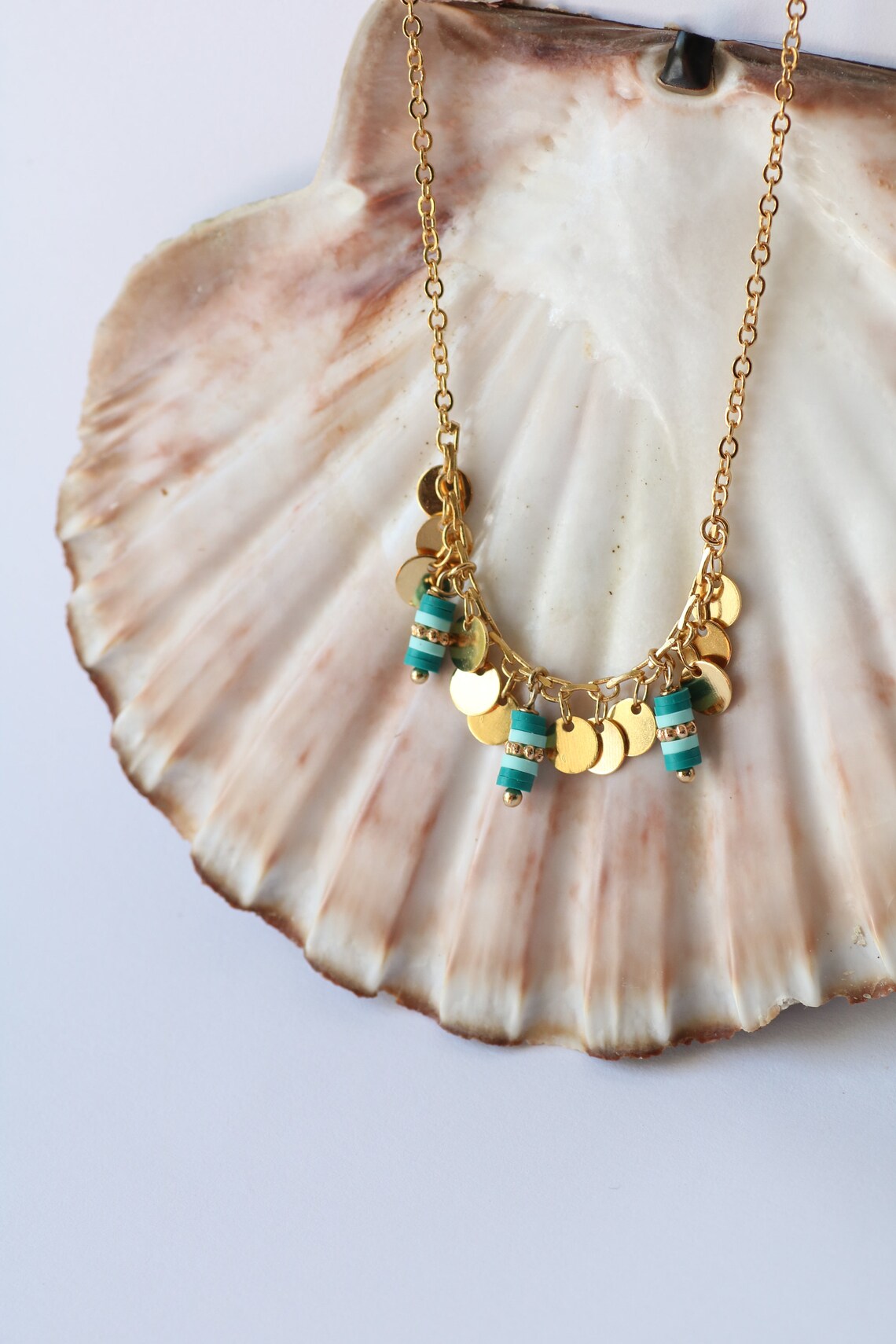 Fine chain stamps gold fine 24K gold heishi neck slittle | Etsy