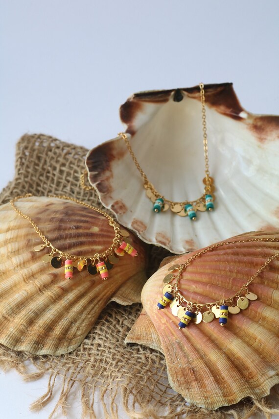 Fine chain stamps gold fine 24K gold heishi neck slittle | Etsy