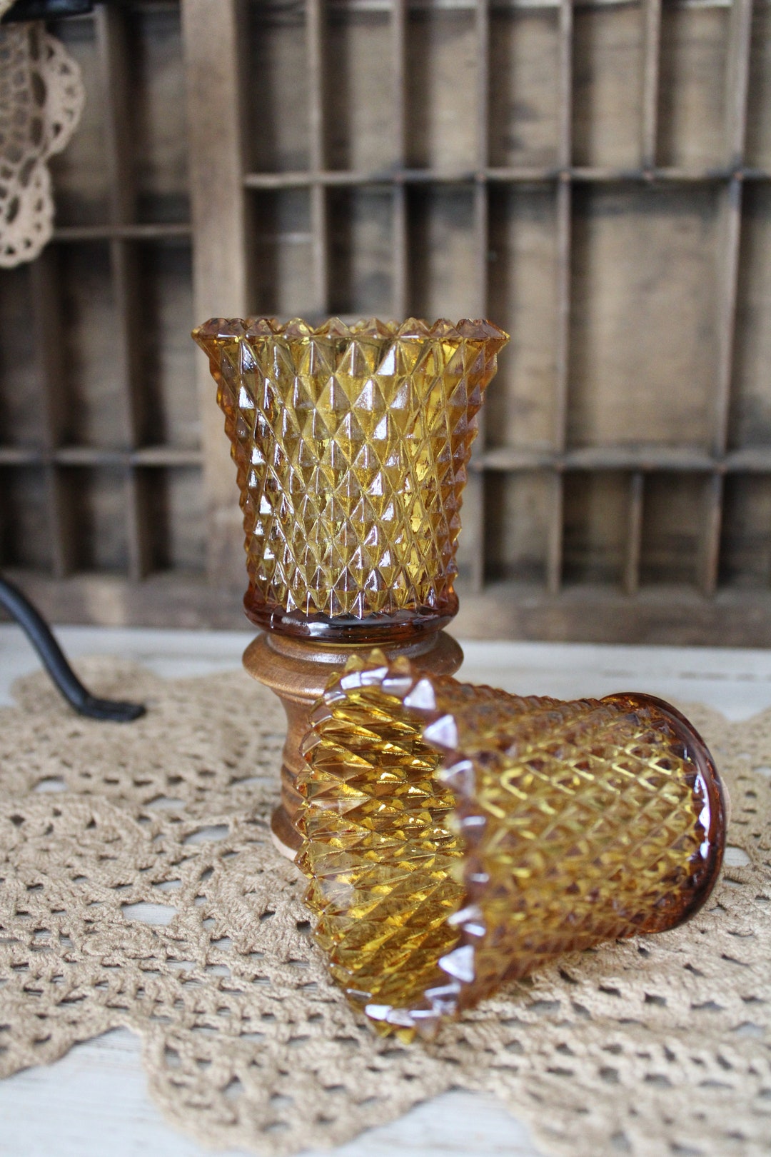 Indiana Glass Diamond Point/ Amber/ Set of 2 Candle Pegs - Etsy