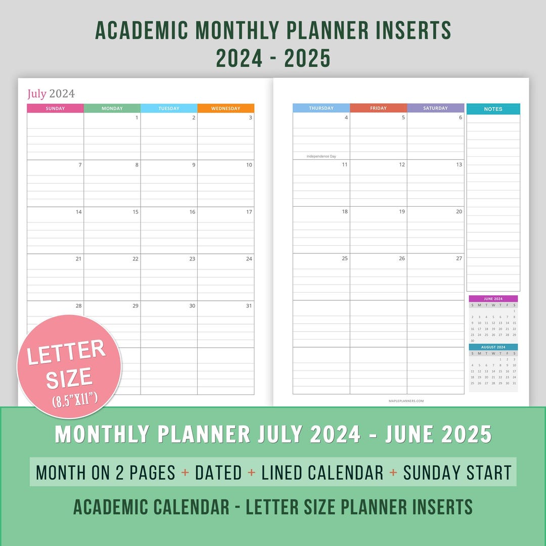 Monthly Academic Calendar, July 2024 - June 2025, Planner Printable ...