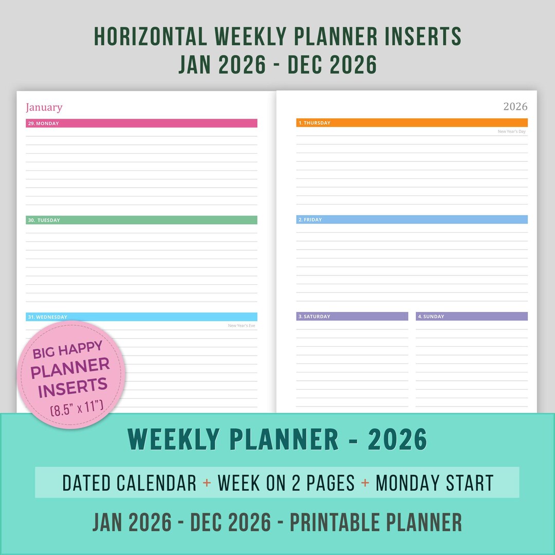 Weekly Planner 2026 Inserts Printable, Horizontal Layout, Weekly ...