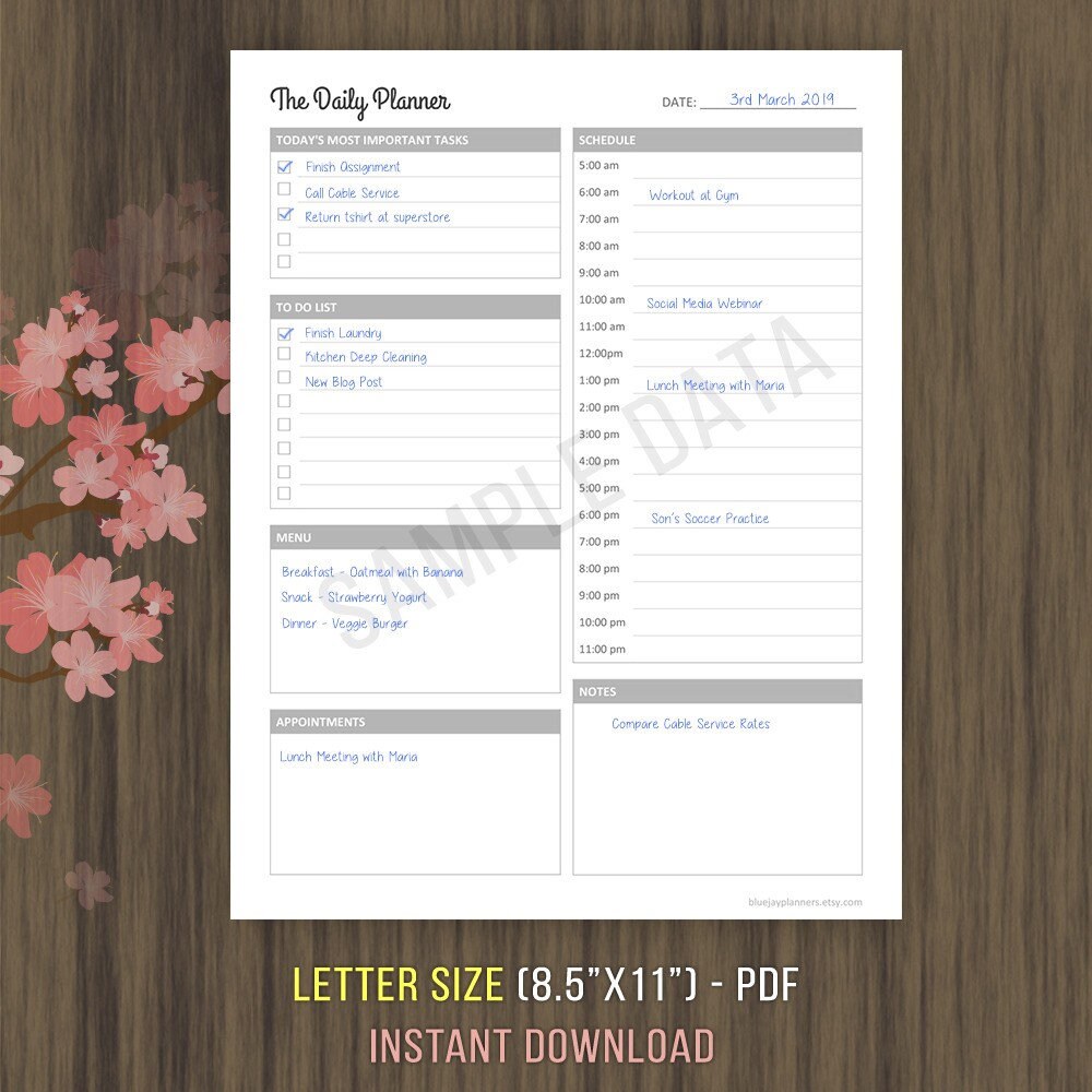 Daily Planner Printable Inserts, Everyday Organizer, Planner Printable ...