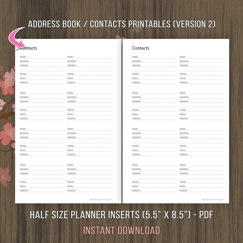 Contact Page Printable, Address Book Pages, A5 Filofax Inserts, Planner ...