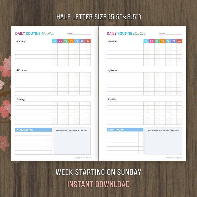 Daily Routine Checklist, Morning, Afternoon, Evening Routine, Printable Planner, Half Letter ...