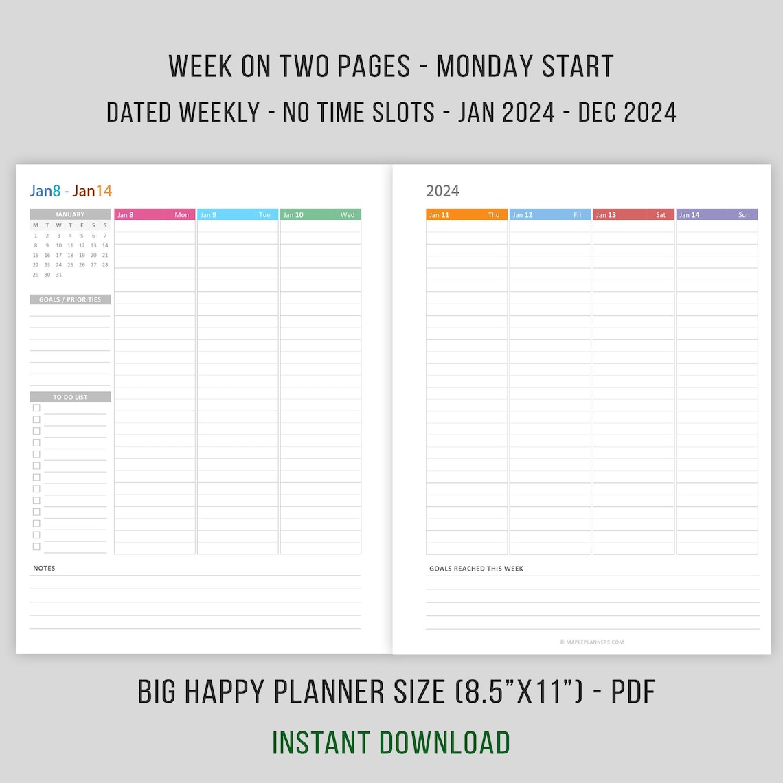 Vertical Weekly Planner 2024 Printable, Big Happy Planner Inserts, Week ...