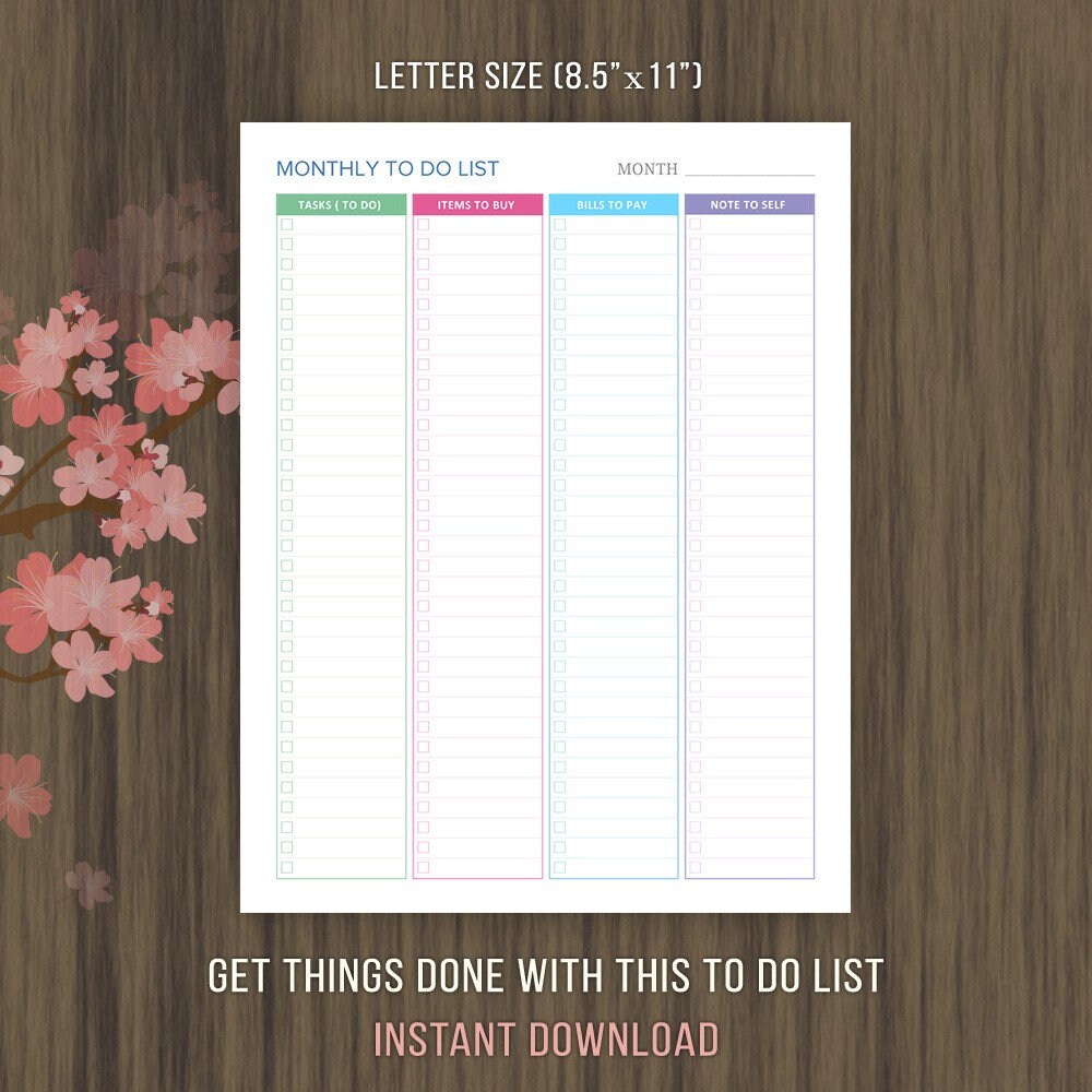 Monthly to Do List Printable, Todo Planner, to Do List Notebook ...