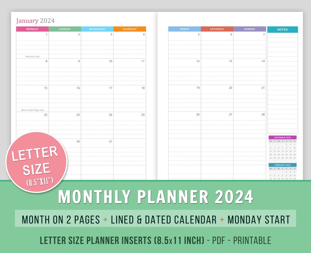 2024 Monthly Planner Inserts Printable, Month on 2 Pages, MO2P Inserts ...