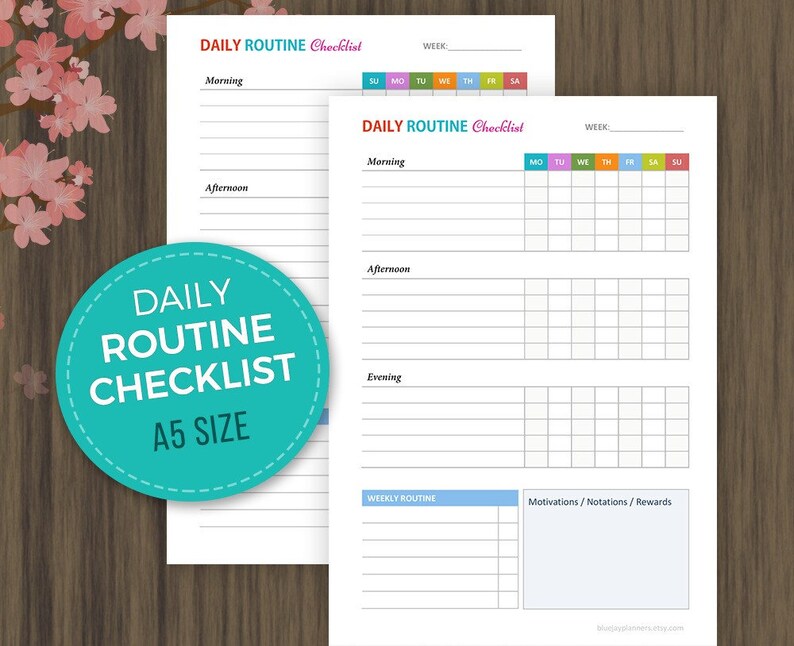 A5 Daily Routine Checklist, Morning, Afternoon, Evening Routine ...