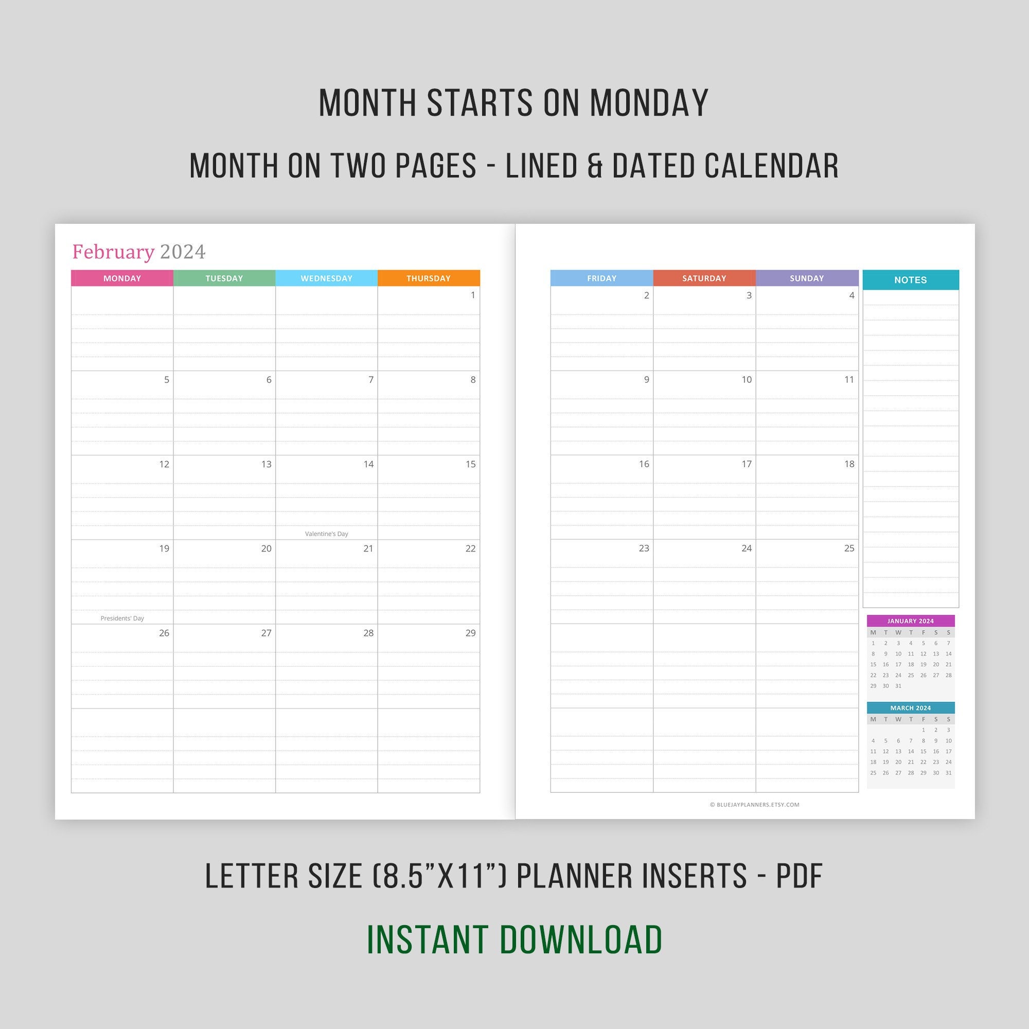 2024 Monthly Planner Inserts Printable, Month on 2 Pages, MO2P Inserts ...