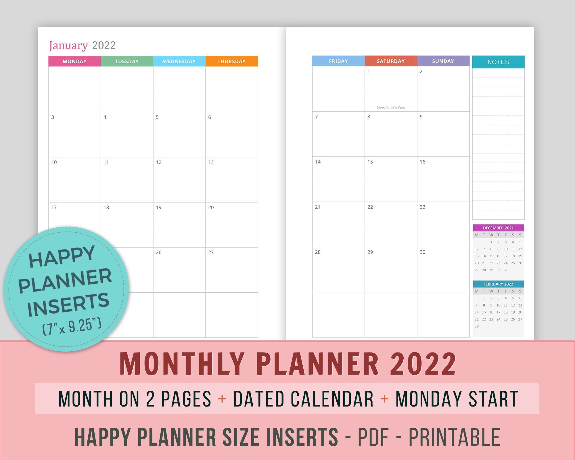 2022 Classic Happy Planner Monthly Calendar Inserts Instant Download 