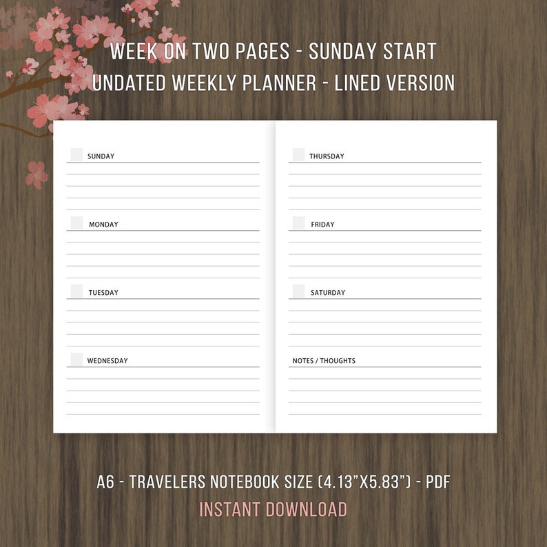 A6 Travelers Notebook Weekly Planner Inserts Undated Weekly - Etsy