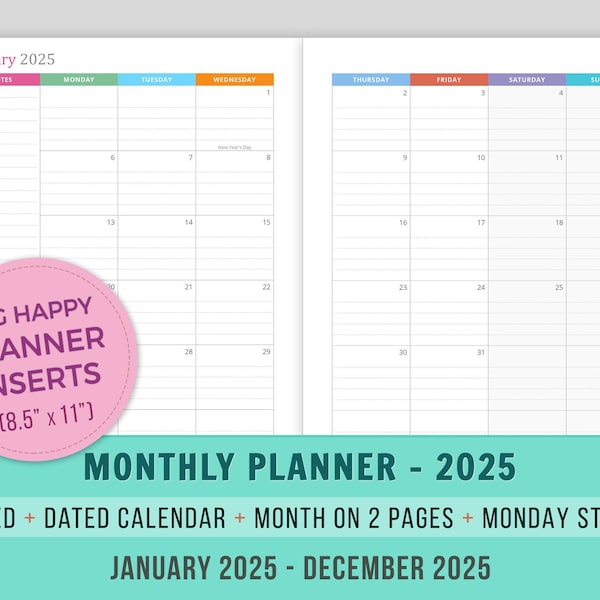 Printable 2025 Month on 2 Page Monday Start - Etsy