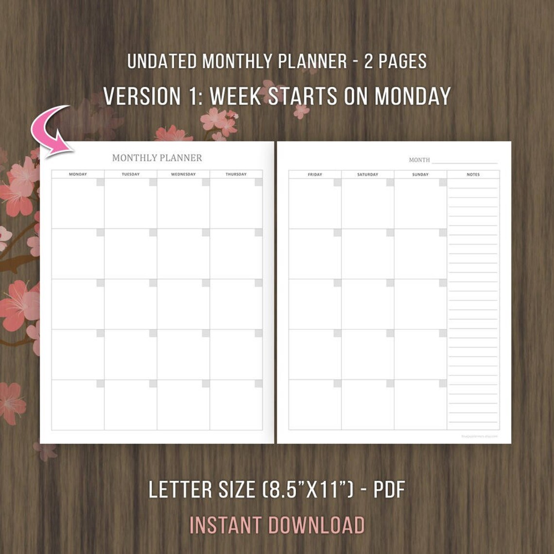 Monthly Planner Template, Planner Inserts, Undated Monthly Calendar ...