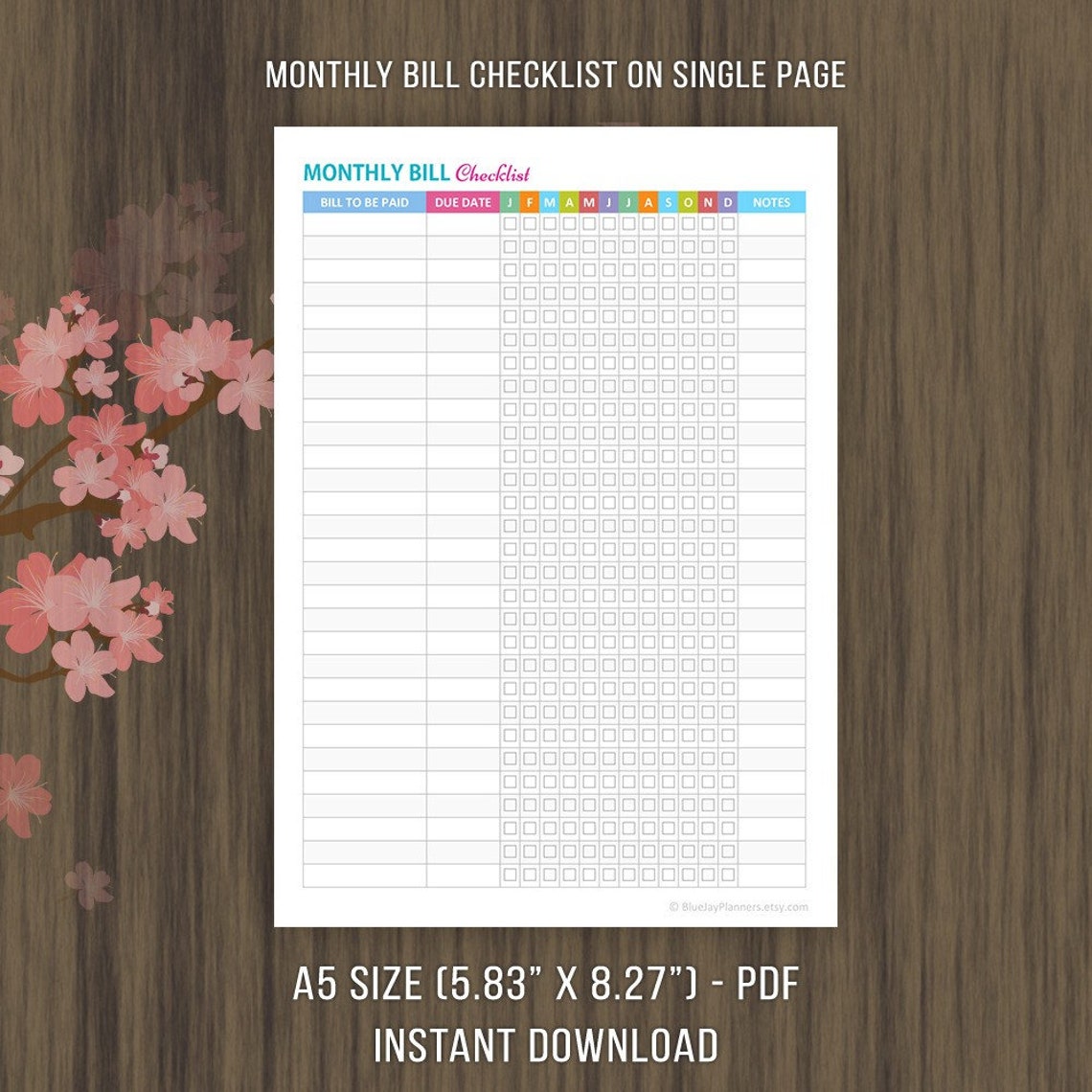 A5 Monthly Bill Checklist, Vertical Finance Checklist, Bill Payments ...
