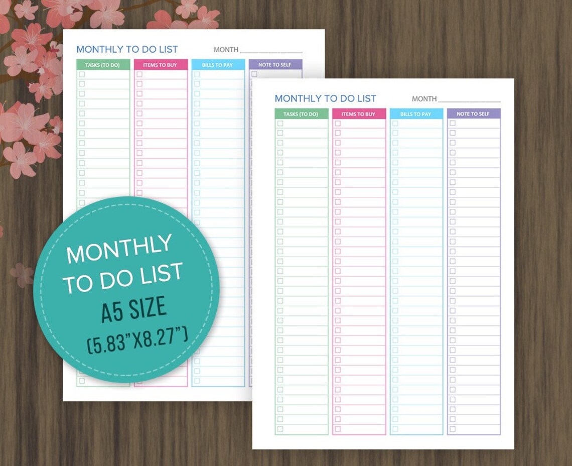 A5 Planner Insert, Monthly to Do List Printable, Todo Planner, A5 to Do ...