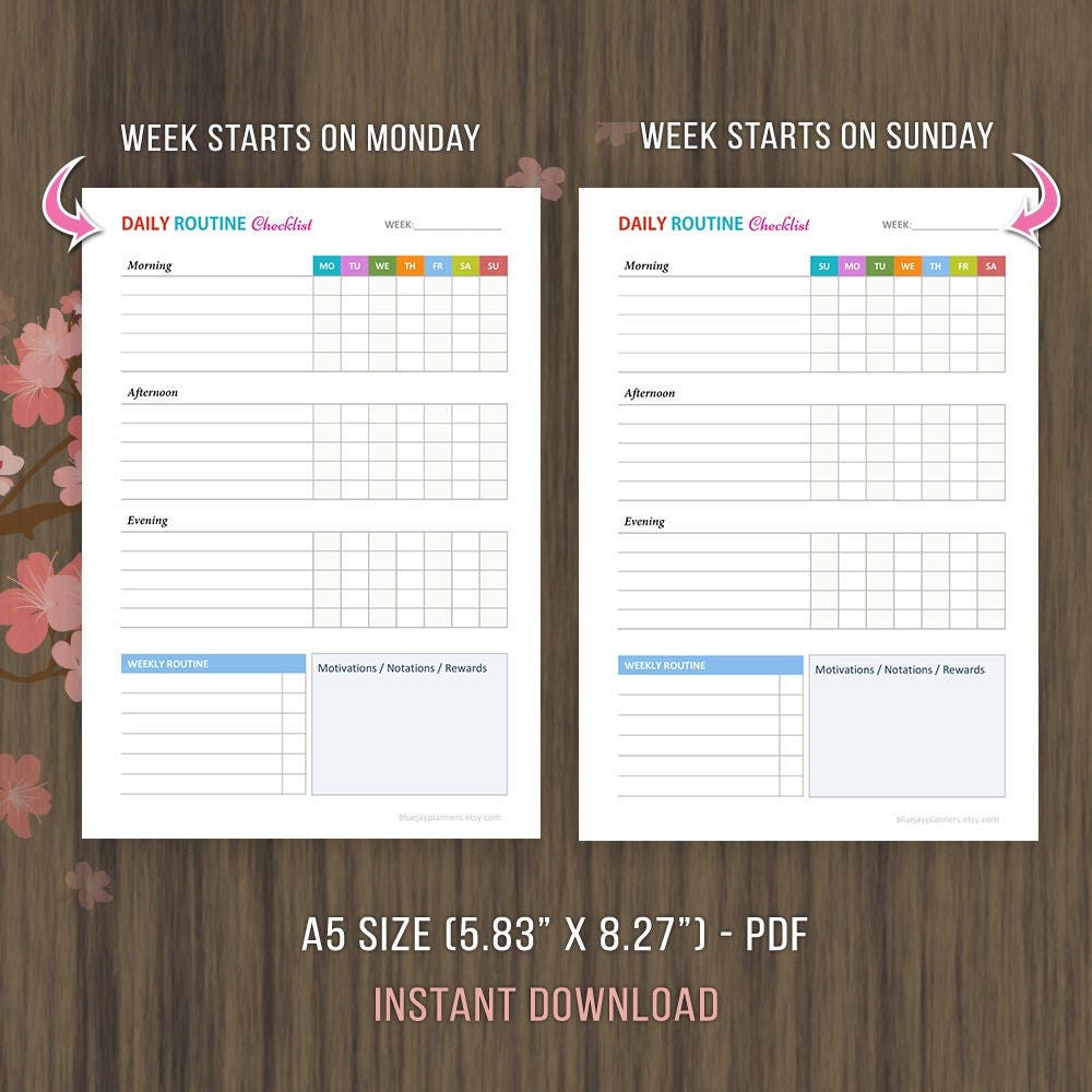 A5 Daily Routine Checklist Morning Afternoon Evening - Etsy