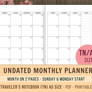 TN A5 Monthly Planner Inserts Travelers Notebook Inserts - Etsy