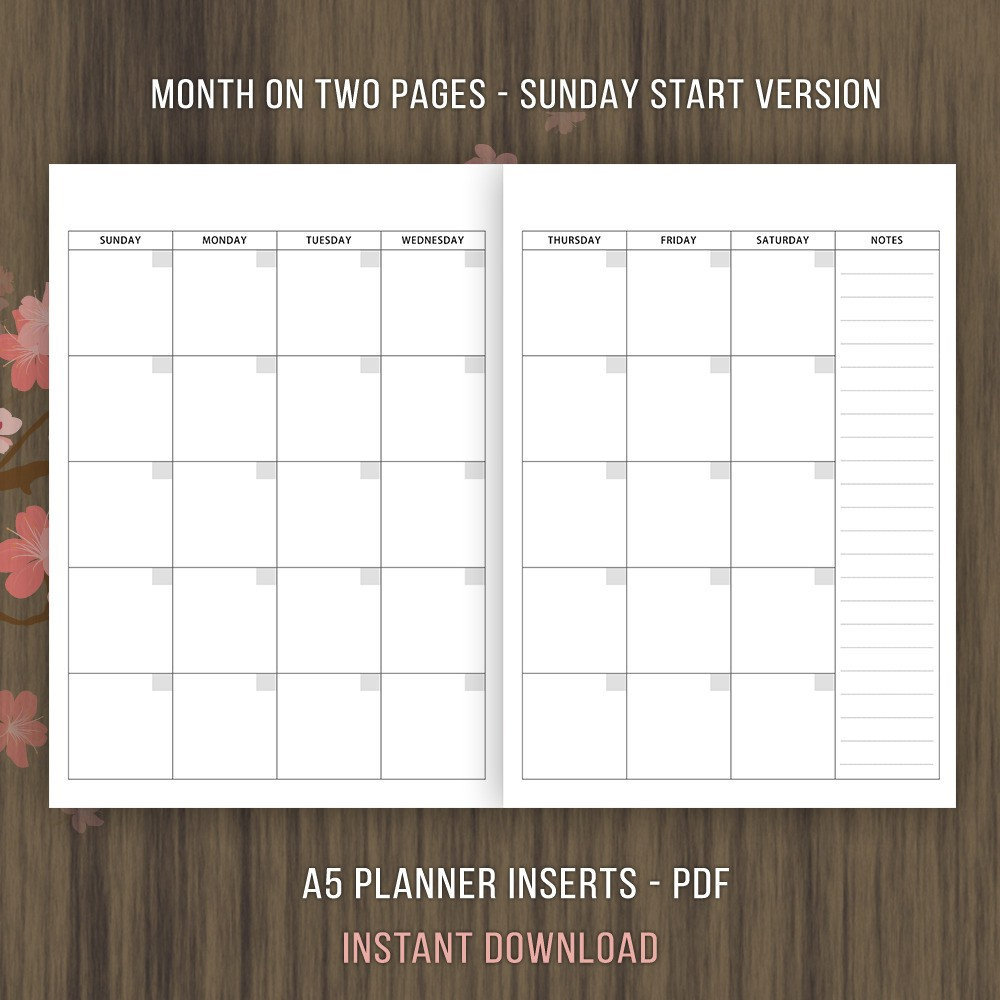 TN A5 Monthly Planner Inserts Travelers Notebook Inserts - Etsy