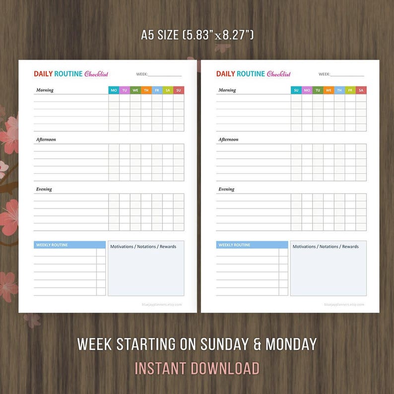 A5 Daily Routine Checklist, Morning, Afternoon, Evening Routine ...