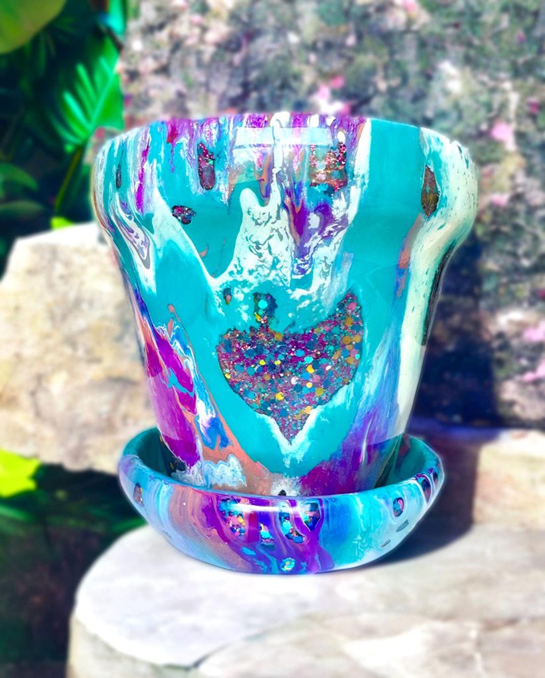 Hand Painted Glitter Flower Pot: Abstract Teal Pottery, 6" With Saucer ...