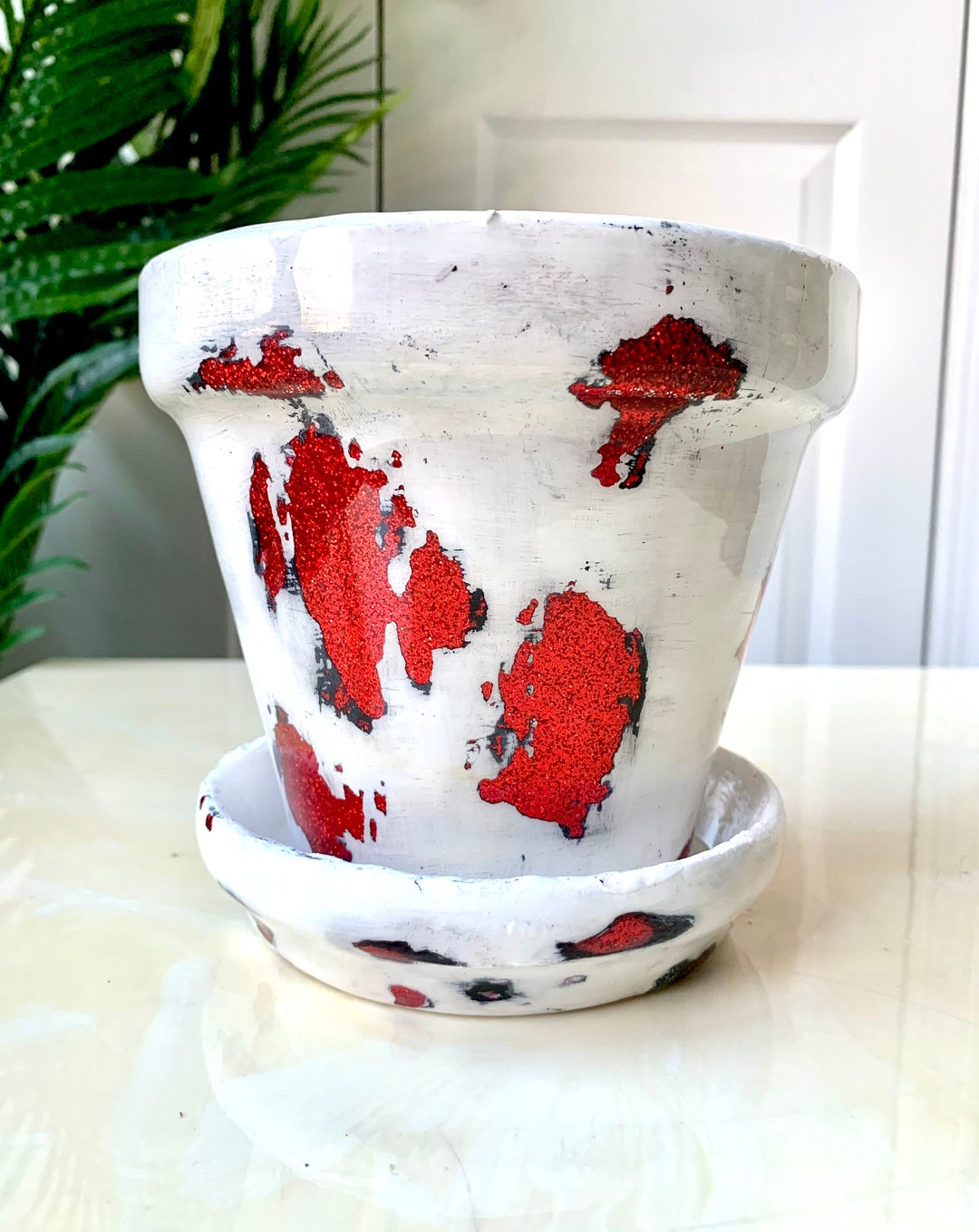 Red, Black, White Hand Painted Flower Pot, 6 Inch Flower Pot, Painted ...