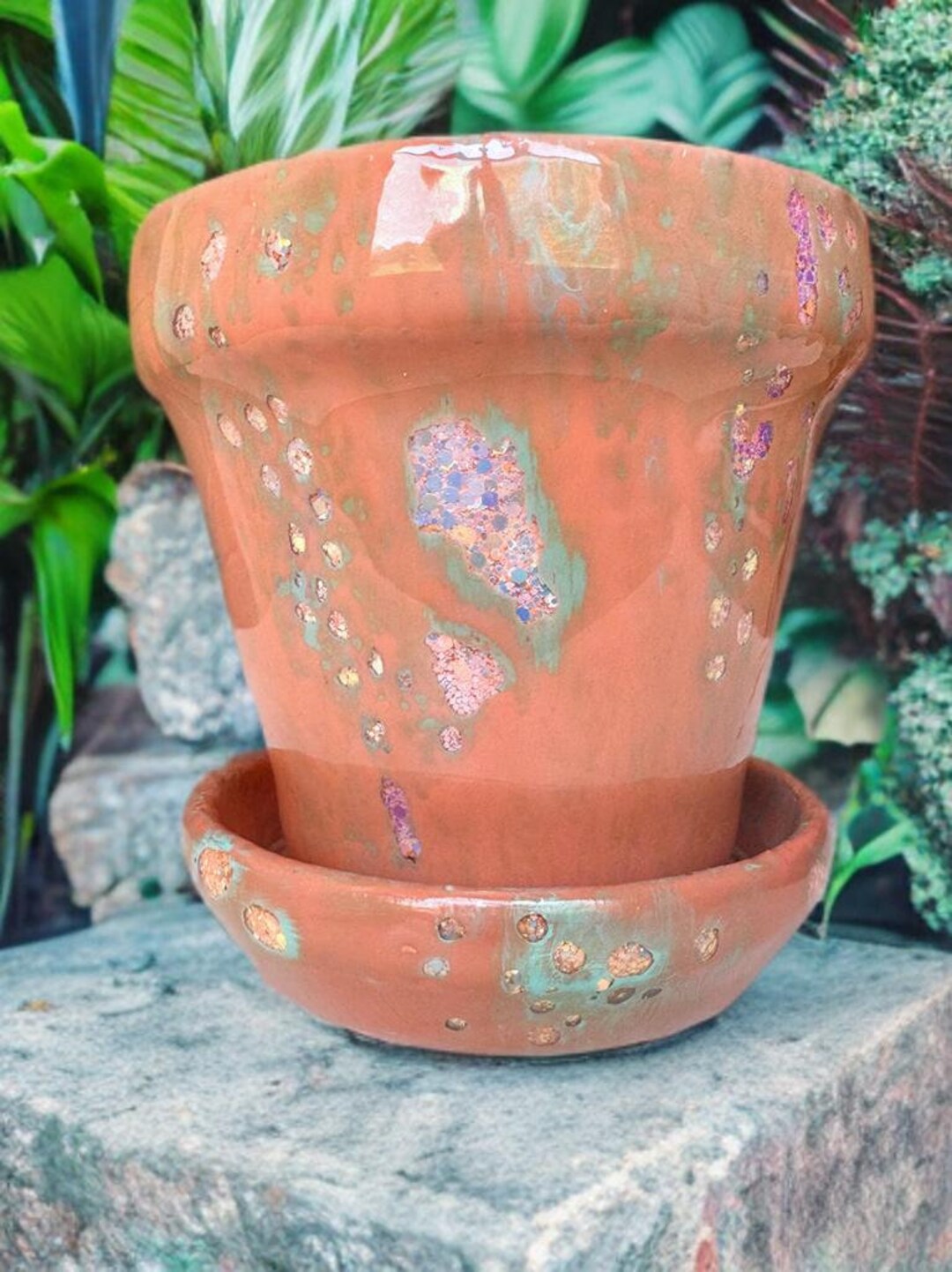 6" Coral and Turquoise Flower Pot, Hand Painted Pottery, Houseplant Pot ...