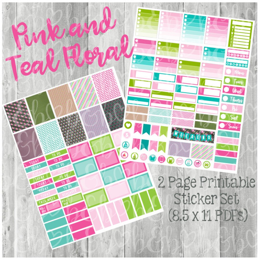 Pink and Teal Floral Printable Planner Stickers Weekly Kit Downloadable ...