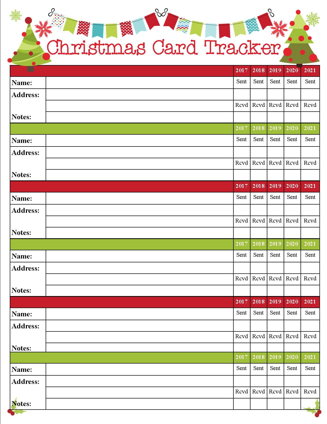 Christmas Card Tracker 6 Per Page Printable | Etsy
