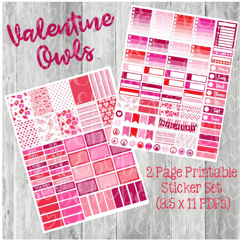 Valentine Owls Printable Planner Stickers Weekly Kit Downloadable Files ...