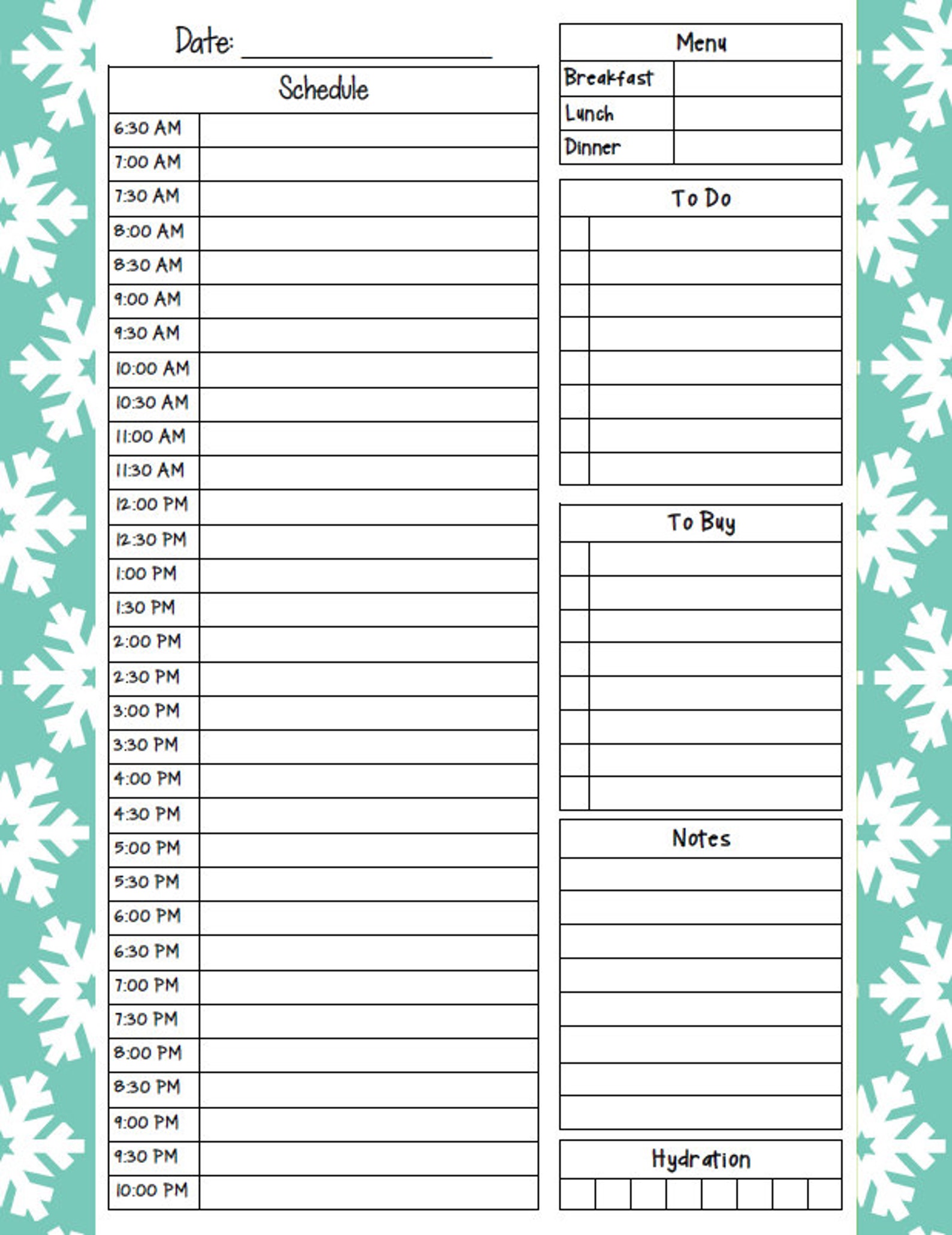 Daily Planning Sheet Christmas Mint Snowflakes 8.5 X 11 Printable - Etsy