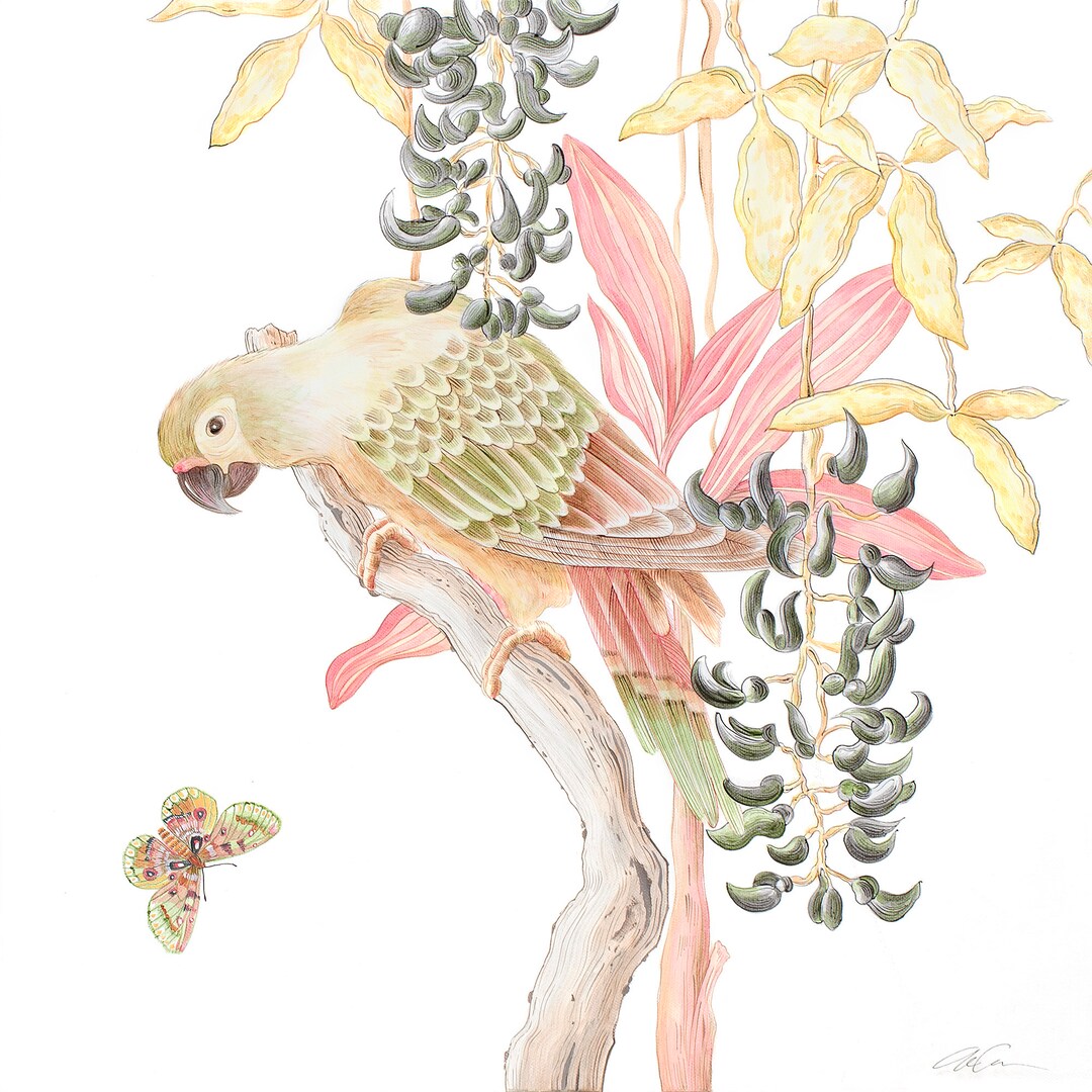 Bird of Passage, Parrot Art Chinoiserie Painting by Allison Cosmos - Etsy