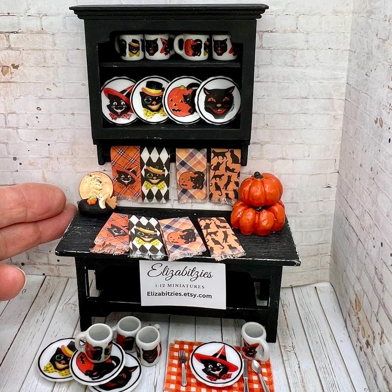 Miniature Halloween Black Cat ( Set of 4)plates, or Towels or Mugs 1:12 ...