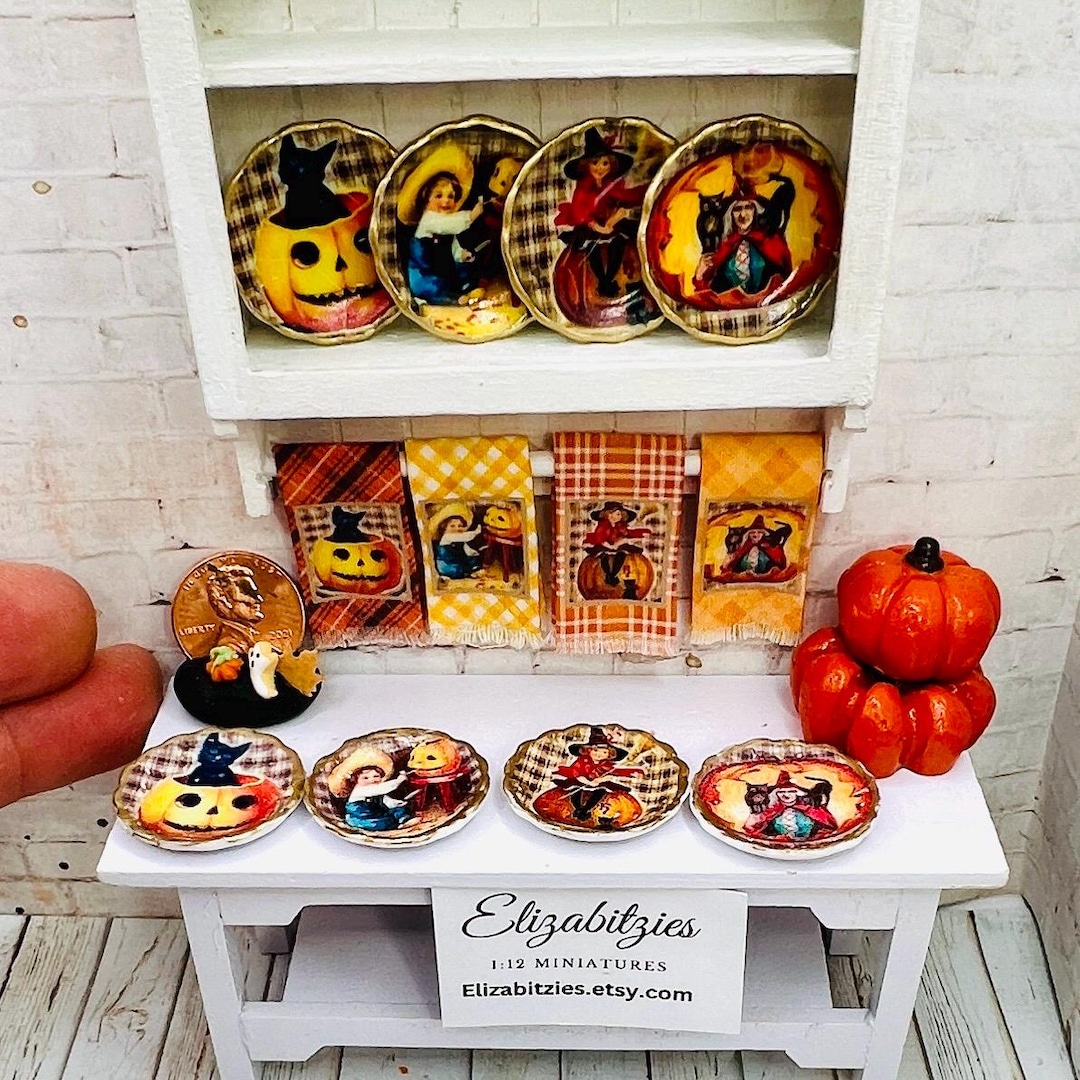 Miniature Halloween Decorative Dollhouse Plates OR Tea Towels ( Sets of ...