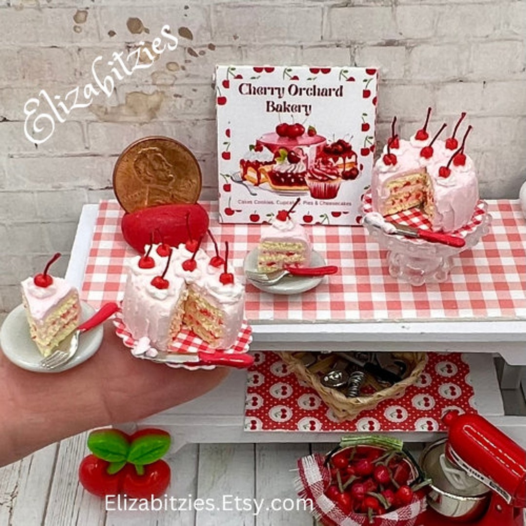 Miniature Pink Cherry Cake With Slice on Plate Set-dollhouse 1:12 Scale ...