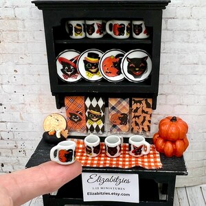 Miniature Halloween Black Cat ( Set of 4)plates, or Towels or Mugs 1:12 ...