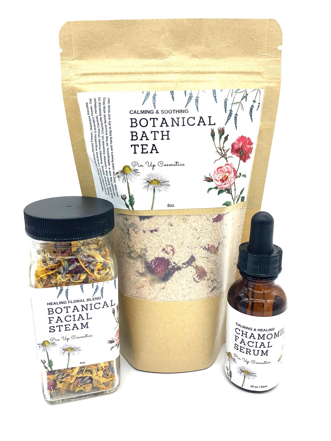 Botanical Skincare Trio, Chamomile Facial Serum, Bath Tea, Facial Steam ...