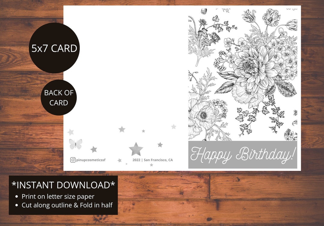 Black and White Floral Birthday Card, Printable, Digital, You Print - Etsy