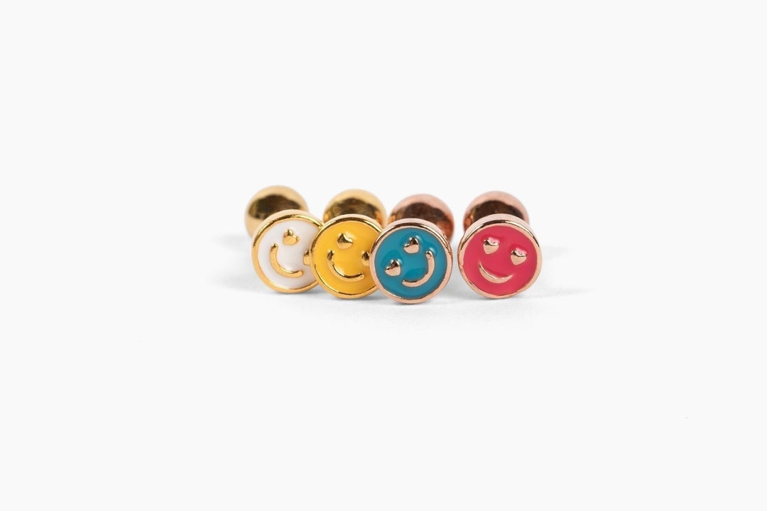 Tiny Smiley Cartilage Earrings • Smiley Face Tragus Stud • Round Conch • Happy Face Labret ...