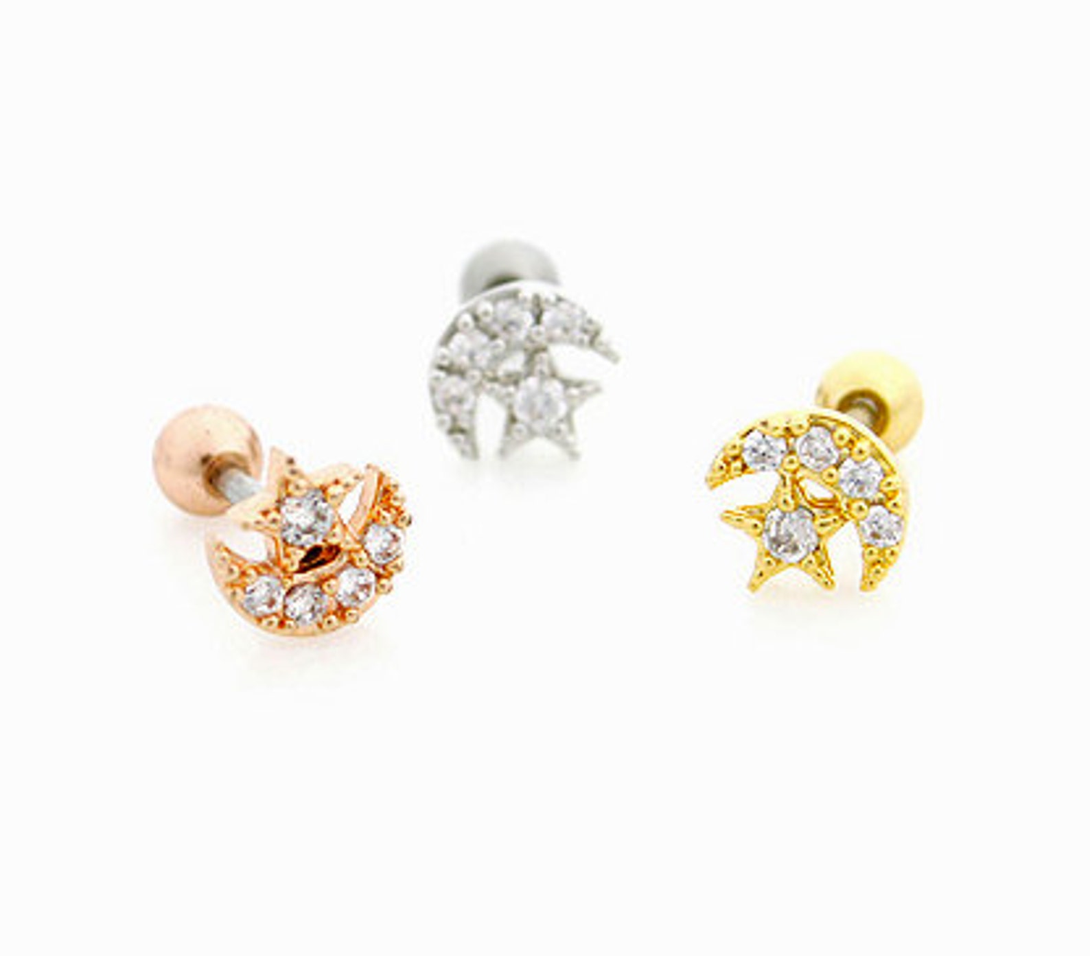Stone Pave Moon Tragus Earrings • Whimsigoth Star Cartilage Labret ...